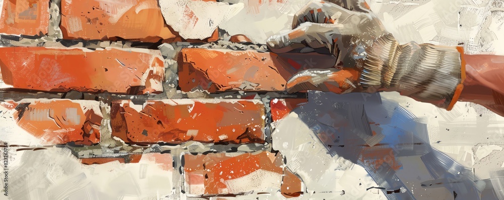 Draw a bricklayer in action, focusing on the detailed process of laying ...