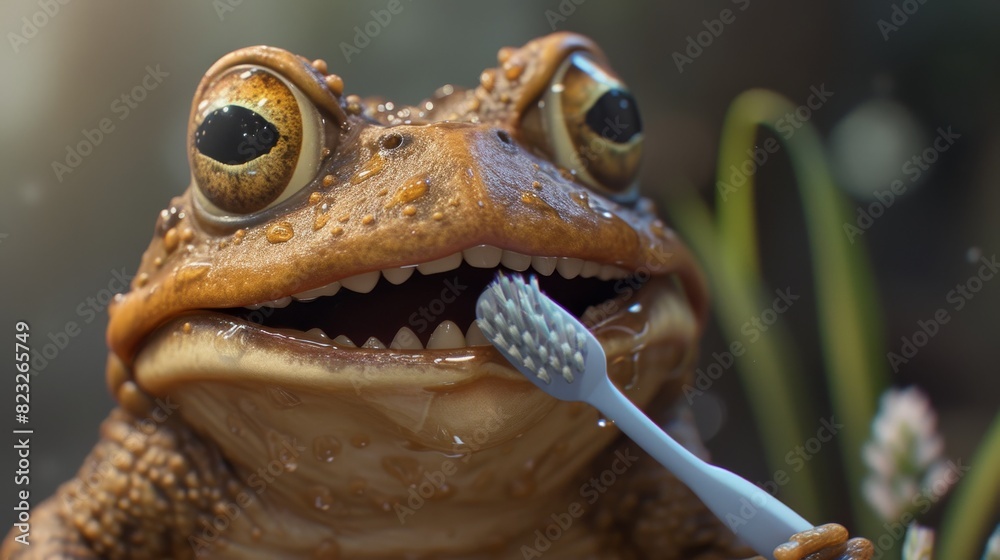 A detailed depiction of a cane toad using a blue toothbrush, captured ...
