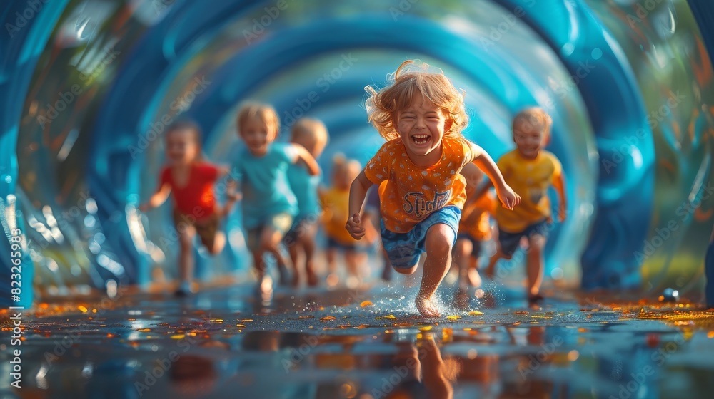 Scene of 3D realistic cartoon children running through a playground ...