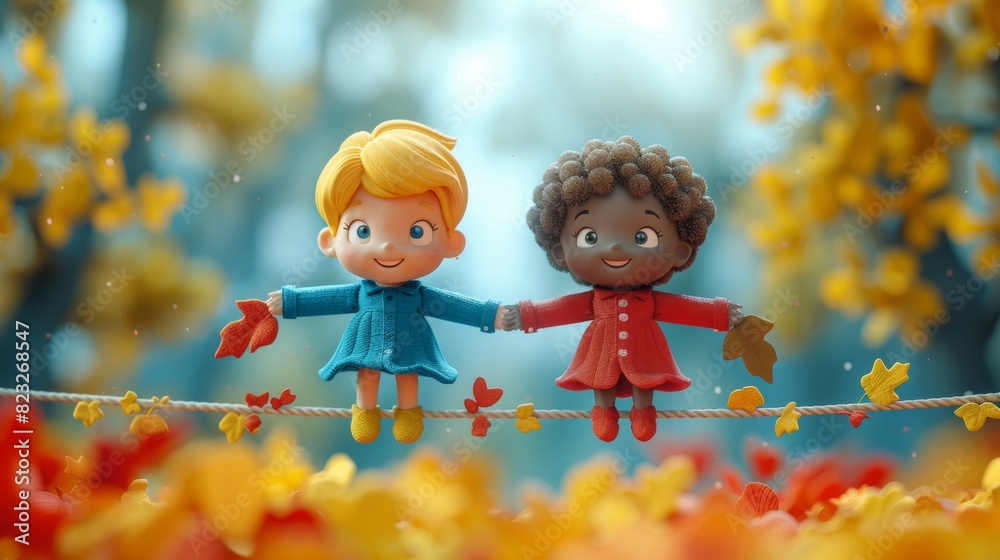 3D realistic cartoon children playing on a balance beam and helping ...