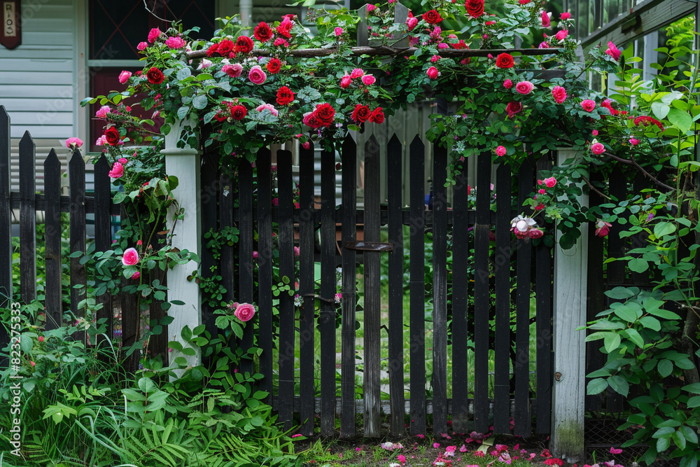 Whimsical garden gate adorned with climbing roses, great for a garden ...