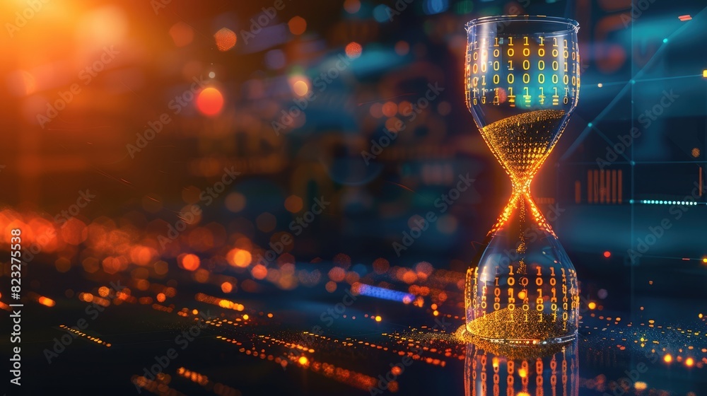 Sand grains in a digital hourglass morphing into binary code ...