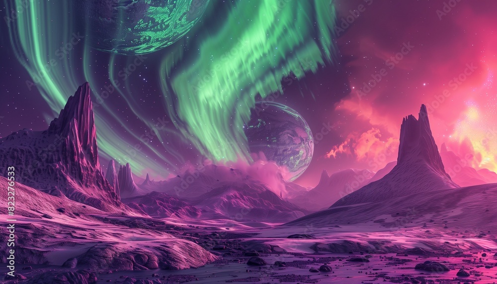 Aurora borealis illuminating a surreal alien terrain with distant ...