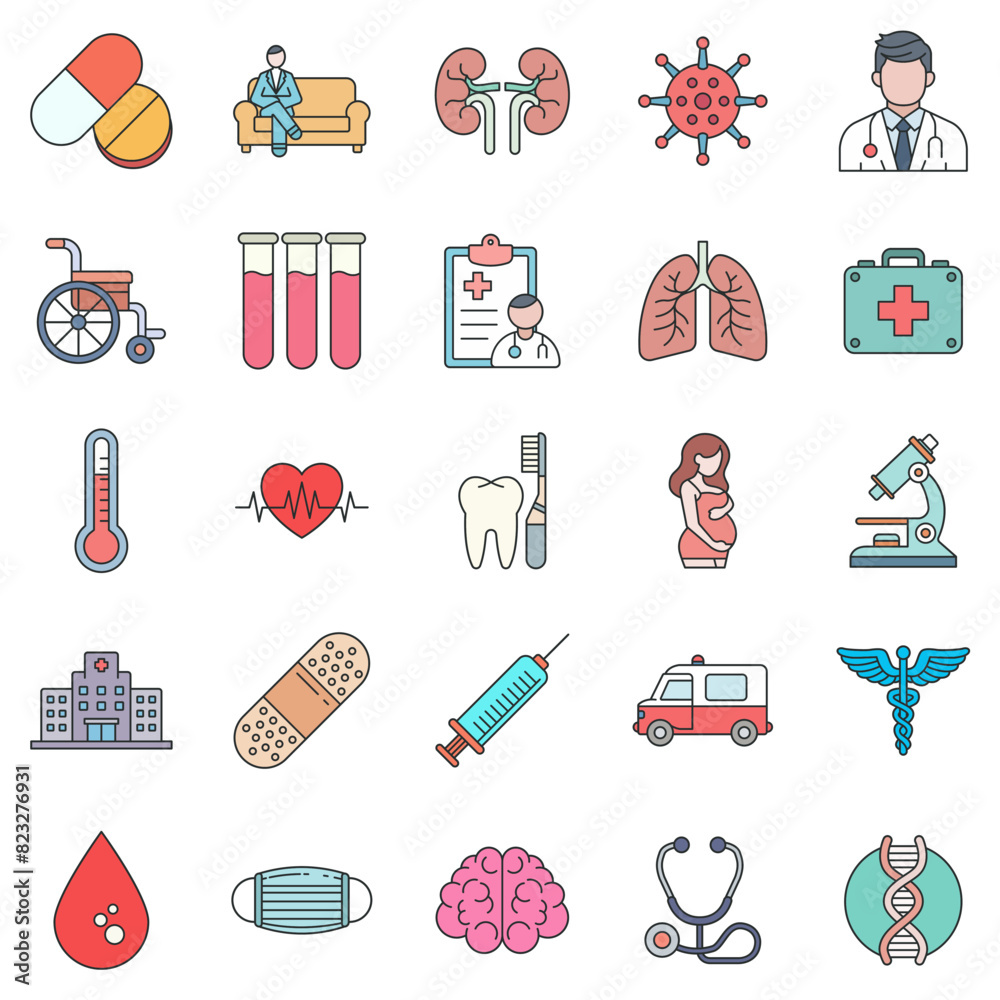 Medical icons set, Included icons as Stethoscope, Syringe, Doctor ...