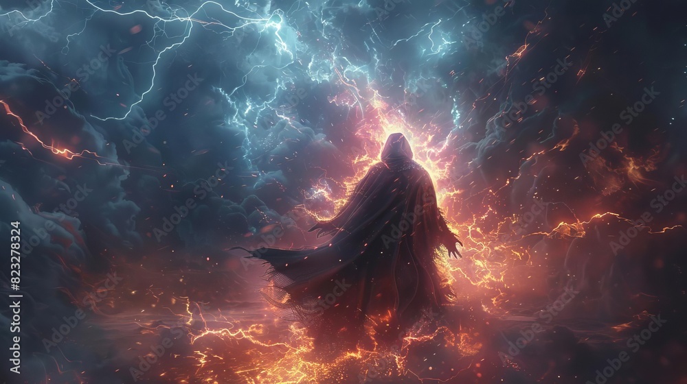Depict a dark lord casting a powerful spell, with dark energy swirling ...