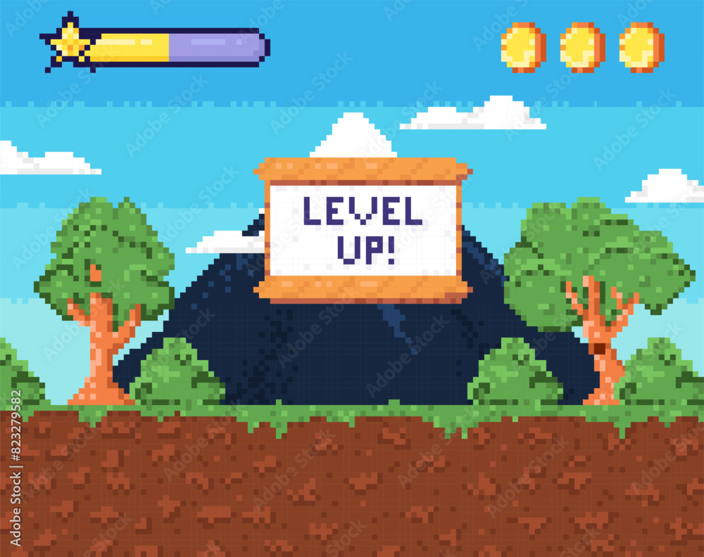 Pixel art game level up background. Retro 8 bit video game interface with Level Up text ...