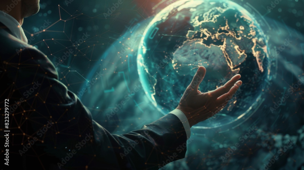 A visionary businessman extends his hand to a holographic globe ...