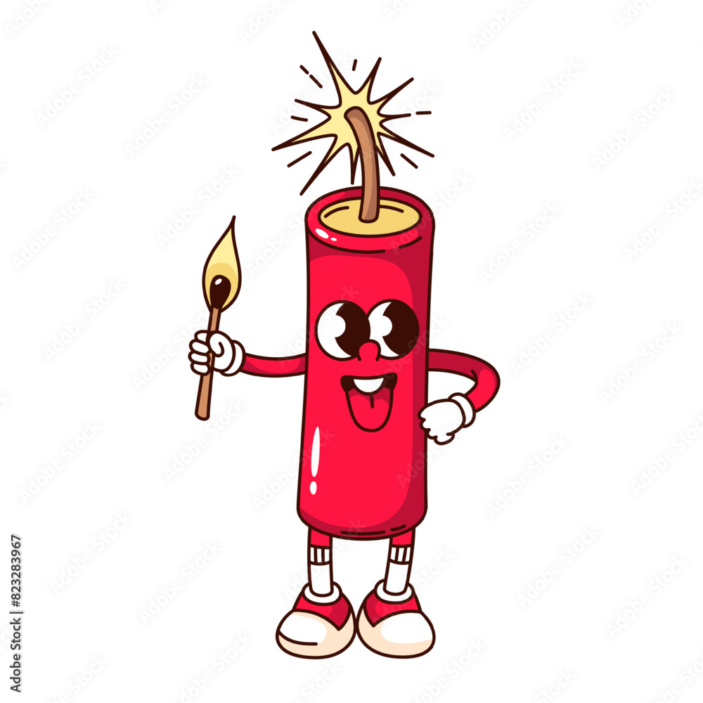 Groovy dynamite stick cartoon character with burning wick. Funny retro ...