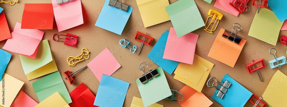 Collection of colorful sticky notes binder clips and push pins arranged ...