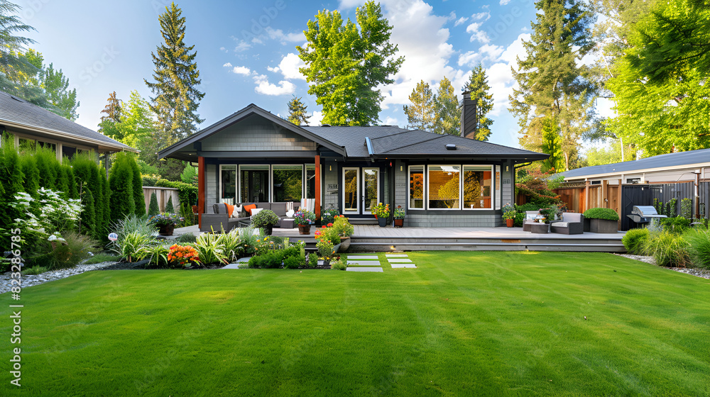 3d abstract Beautifully Landscaped Home with flowers Plants Sunny Blue ...