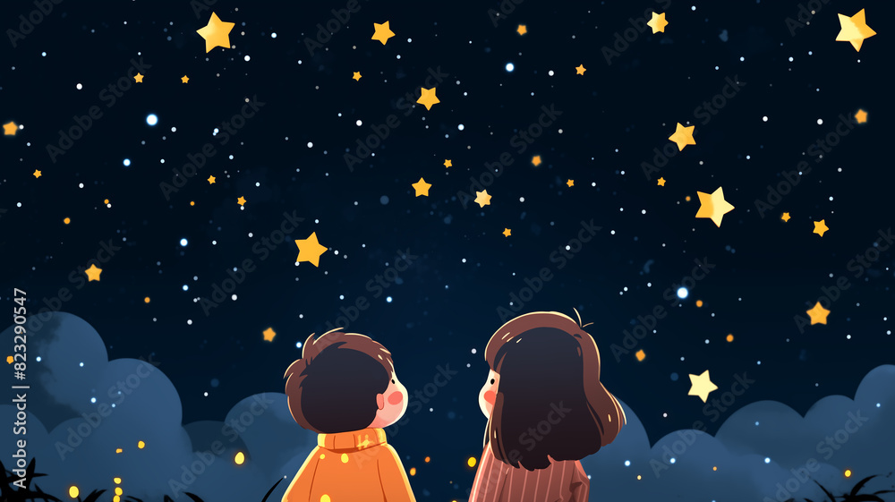 Hand drawn cartoon beautiful children watching stars at night Children ...