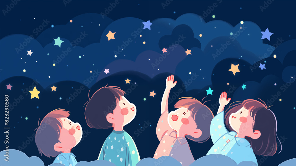 Hand drawn cartoon beautiful children watching stars at night Children ...