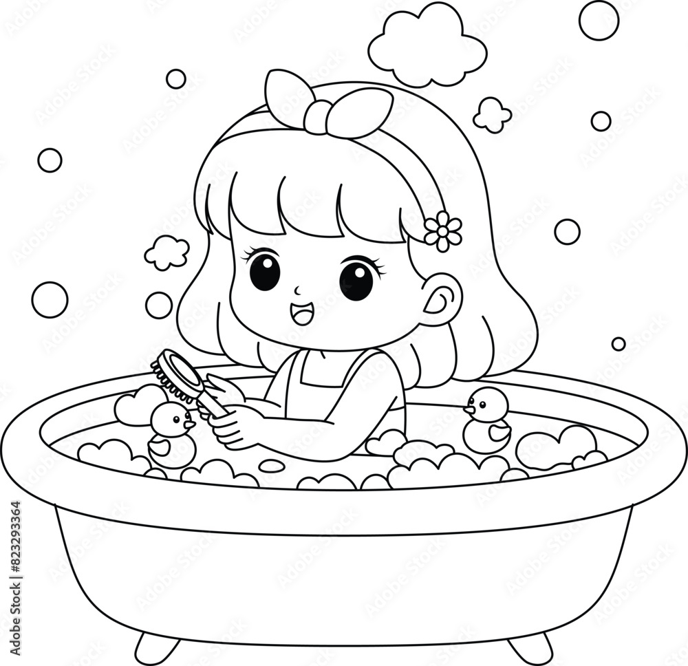 Baby girl in bathroom taking a shower coloring page clipart cartoon ...