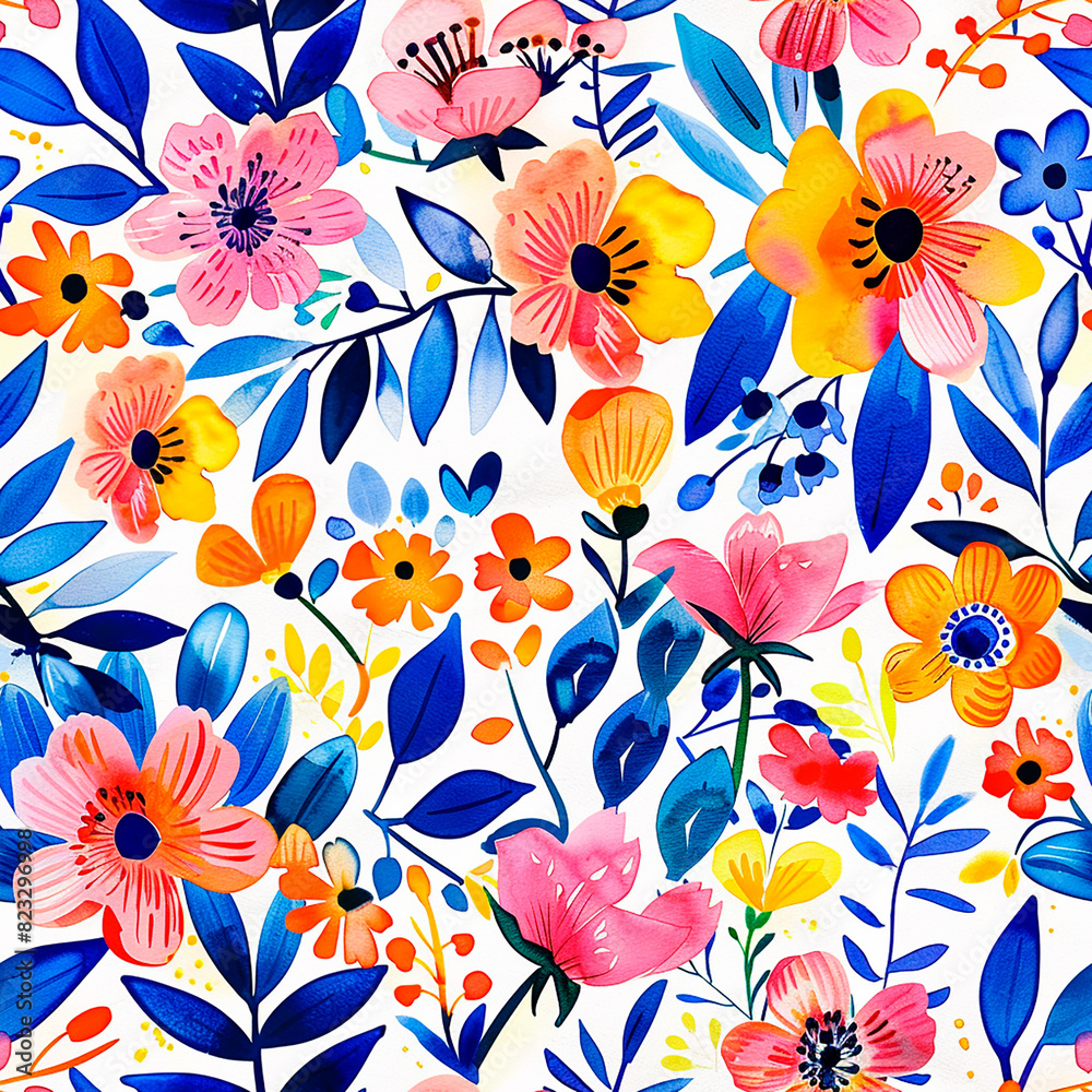 Bright floral pattern with a vibrant mix of pink, yellow, and blue ...