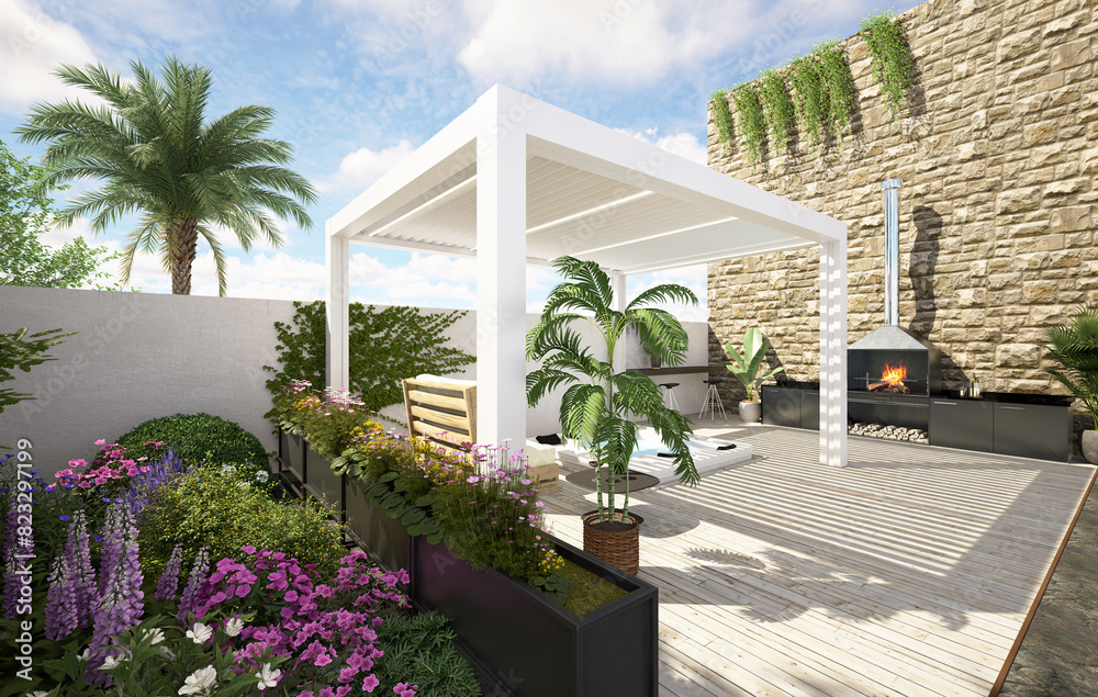 3D illustration of modern urban patio with white bioclimatic pergola ...