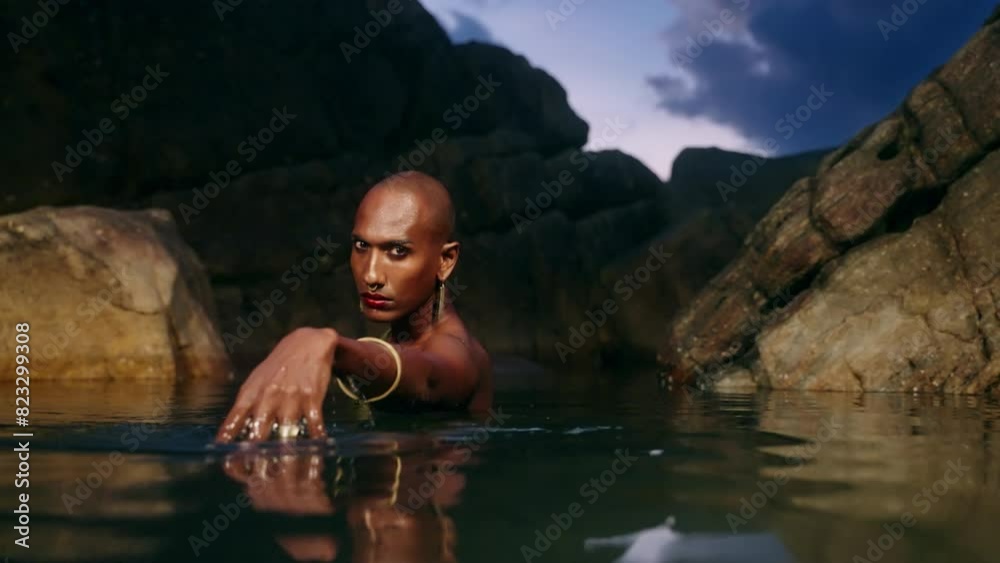 Gender fluid black person poses gracefully in creek waist deep in ...