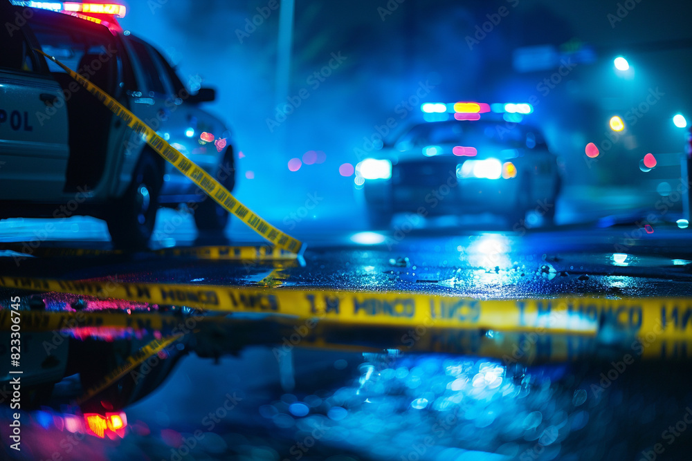 Yellow tape barricade, police car with strobe lights at the crime scene ...