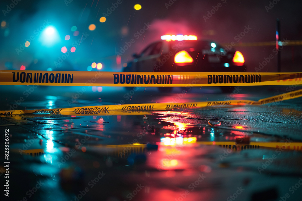 Yellow tape barricade, police car with strobe lights at the crime scene ...
