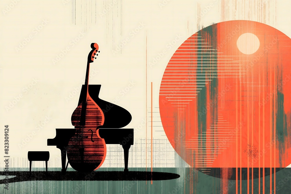 Abstract musical artwork with a cello and grand piano against a ...