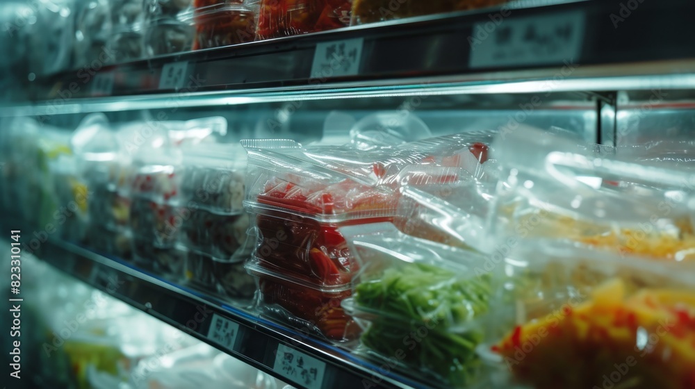 Cold storage shelves filled with packaged fresh fruits and vegetables ...