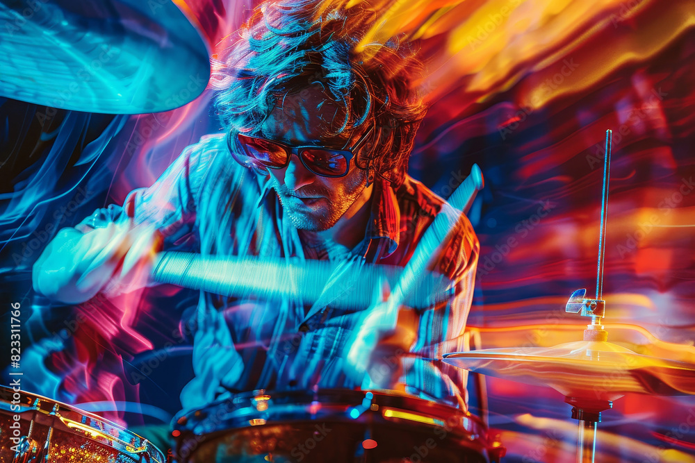 Dynamic drummer performing a solo with intense motion blur against a ...