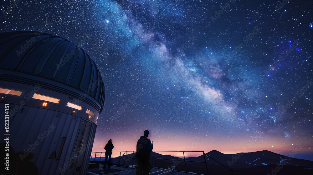Astronomers at a remote observatory under a starry night sky Stock ...