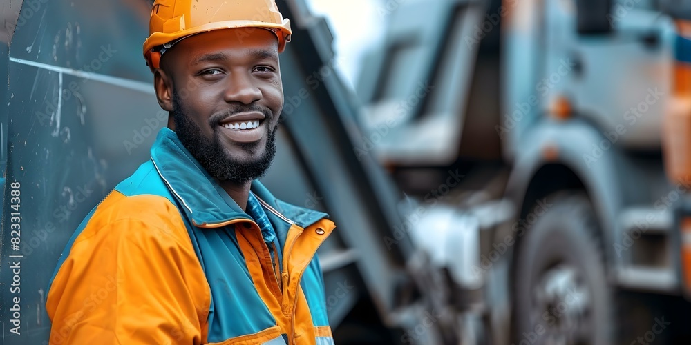 Smiling recycling worker by garbage truck ready to transport waste ...