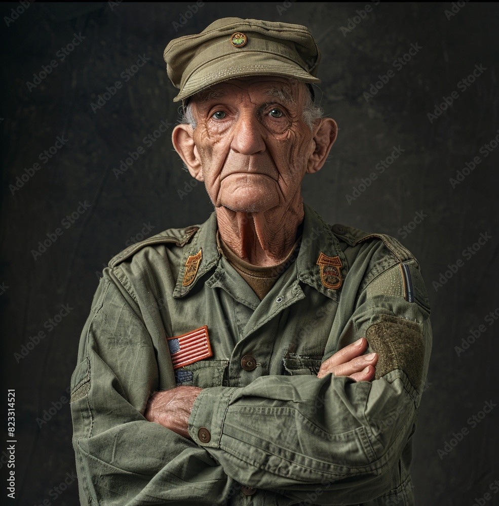 An elderly American soldier with a weathered face and gray hair ...
