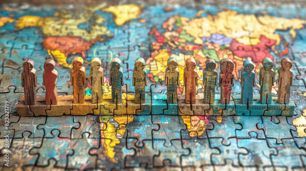 A close-up view of a puzzle featuring a map of the world, showcasing ...