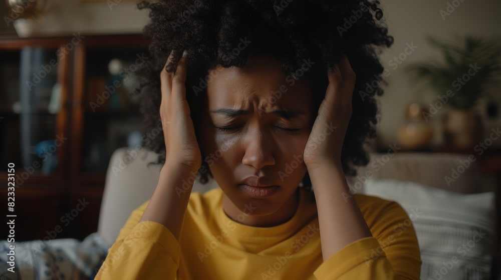 Young black woman in distress sitting on couch, holding head in pain ...