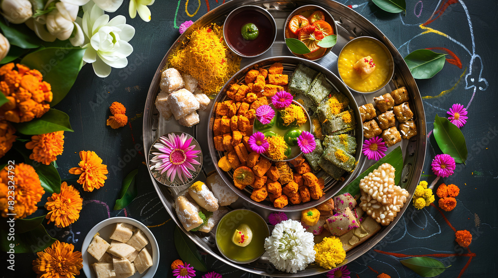 An overhead shot of a traditional Teej thali (plate) arranged with ...