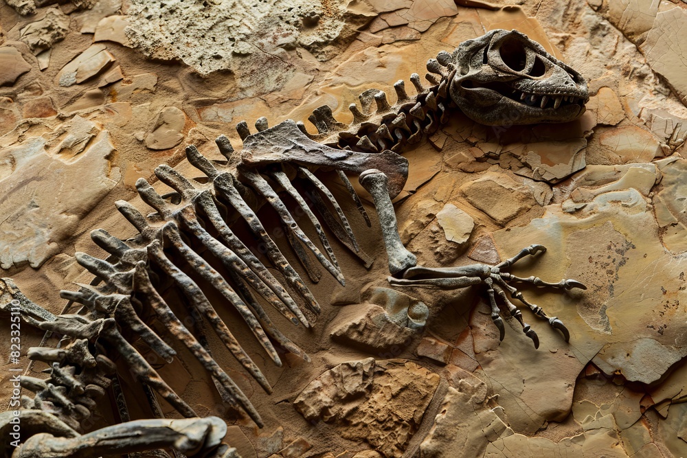 Preserved skeletal remains of a dinosaur showcased in its rock matrix ...