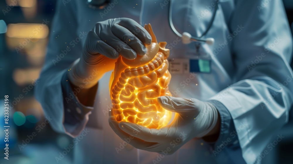 Surgeon holding and examining human small intestine Model of the human ...