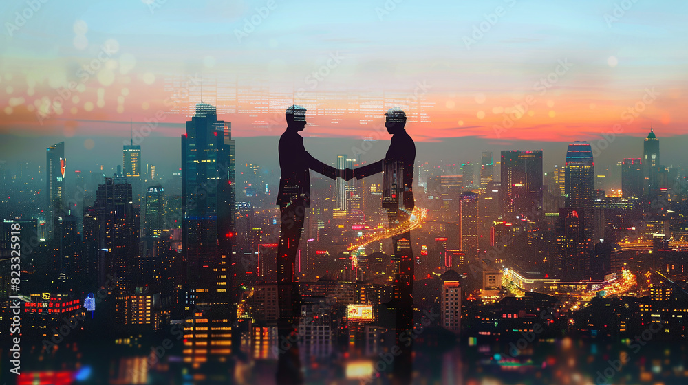 Two business partners greeting each other with a firm handshake ...