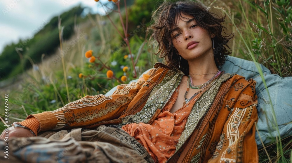 Transgender model in sustainable fashion, nature backdrop, ecofriendly ...