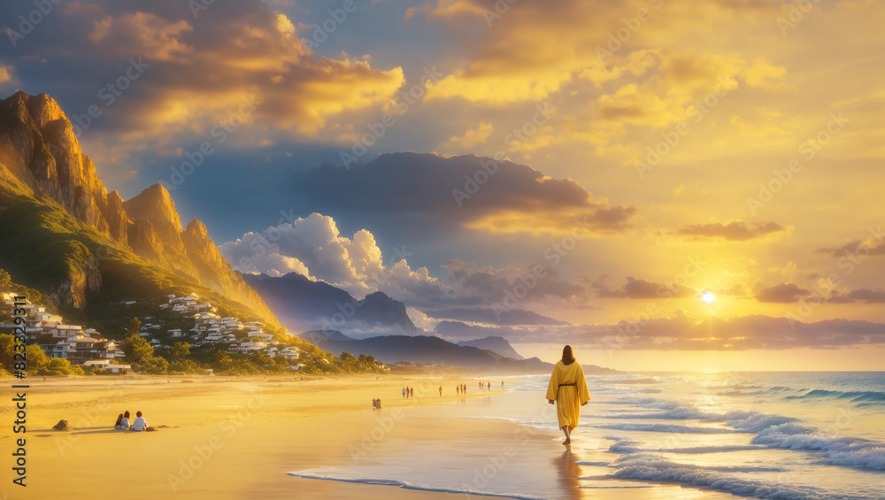 shows two people, who appear to be Jesus and a child, walking hand-in ...