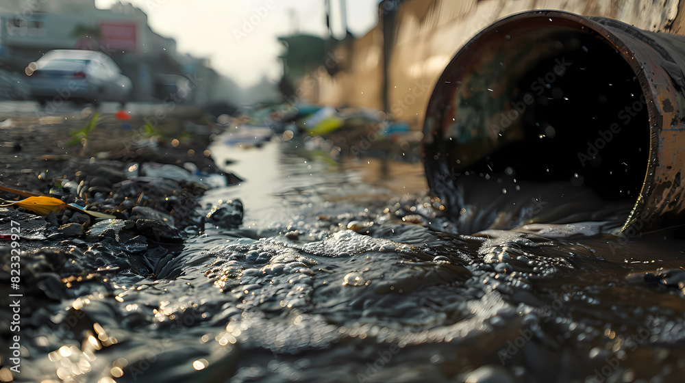 City pollution. Waste dirty sewage water flows from the pipe to the ...