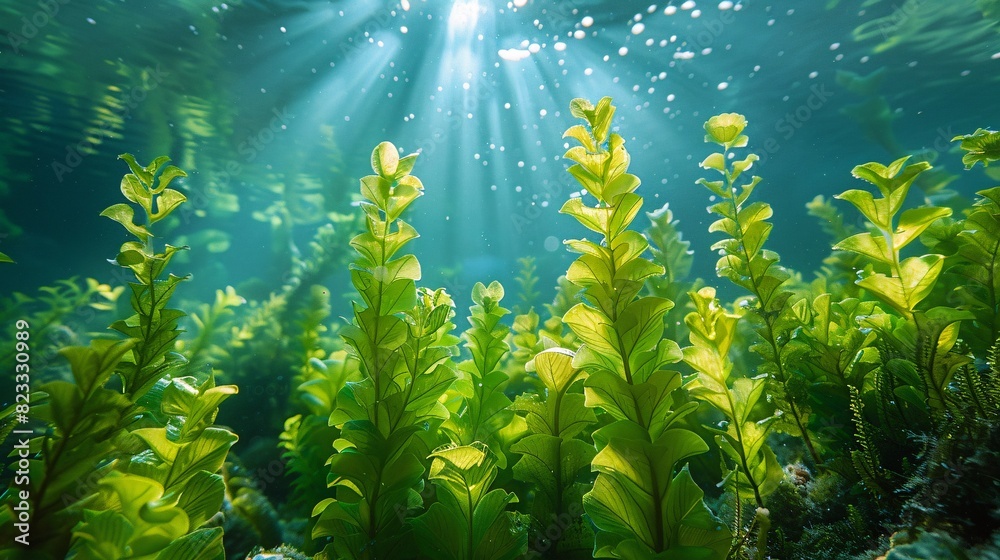 Enormous kelp in the ocean depths. Submerged seaweed. Underwater kelp ...