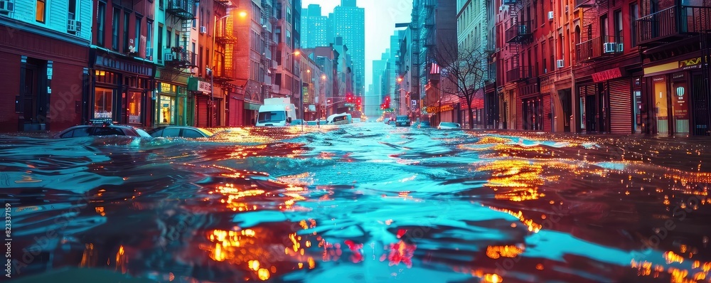 Urban flooding, submerged streets, heavy rainfall, vibrant colors ...
