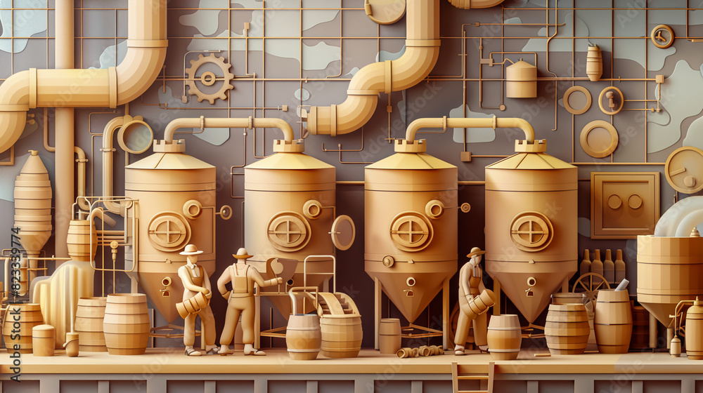 A serene paper cut of a modern brewery with fermentation tanks, kegs ...