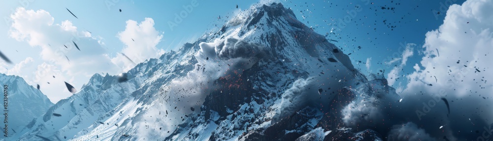 Snow-capped mountain peak collapsing in a dramatic landslide, bright ...