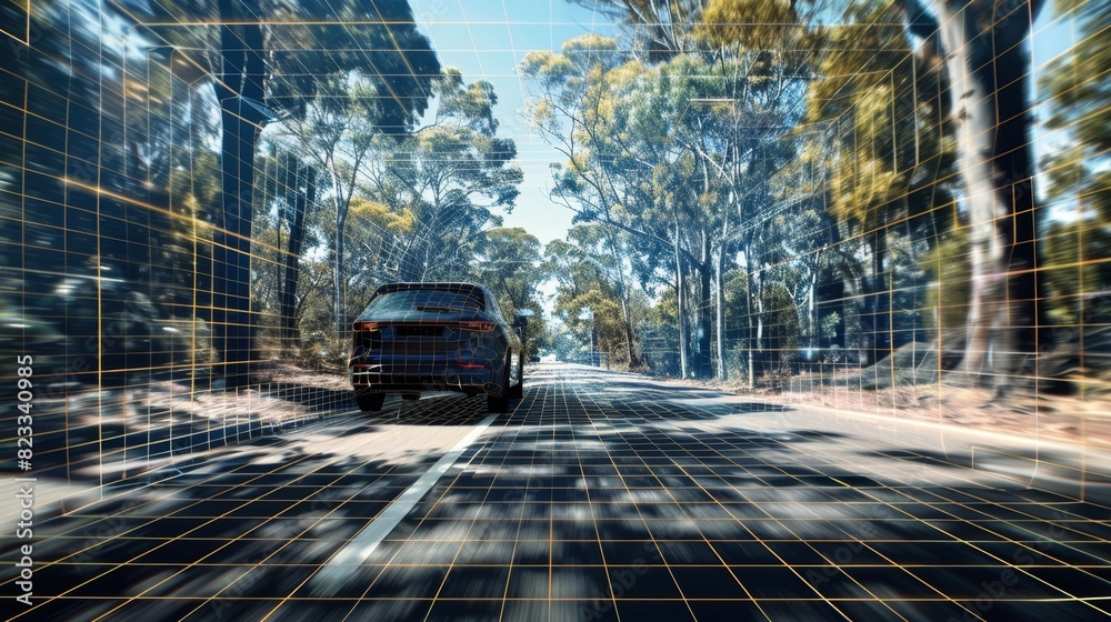 The reverse camera view with a detailed grid showing the vehicles ...