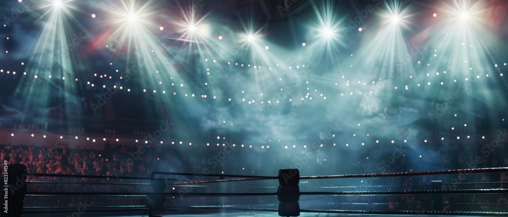 Anticipation builds in an empty wrestling ring, aglow with spotlights ...