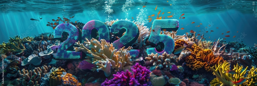 Underwater creatures arrange into 2025 on a coral reef, illuminating ...