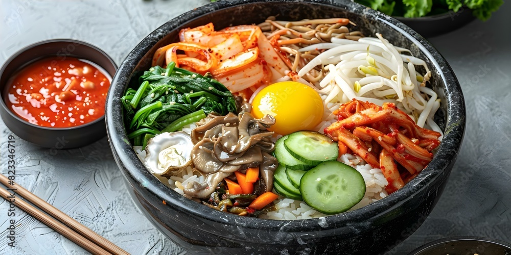 Top view of Korean oyster hot stone pot rice with ingredients. Concept ...