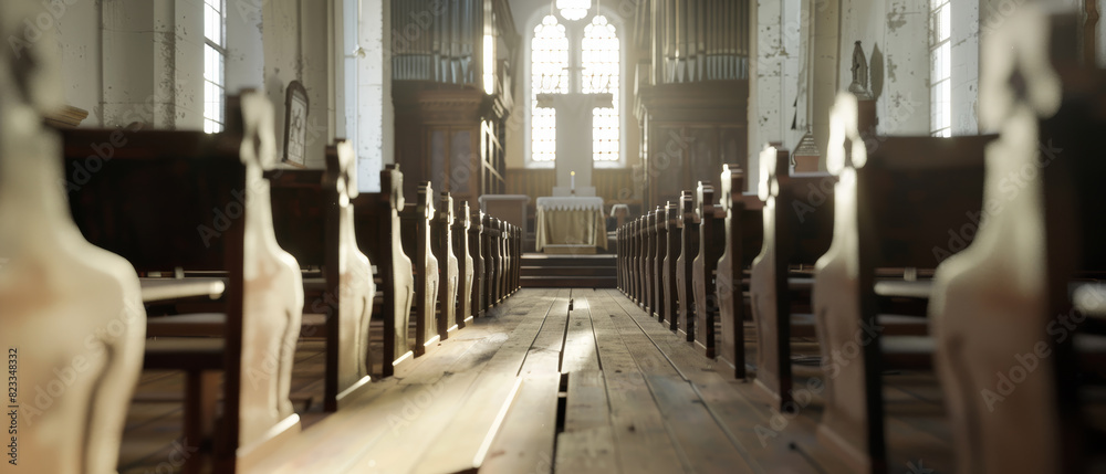 Sunlight pierces through a church's windows, illuminating the empty ...