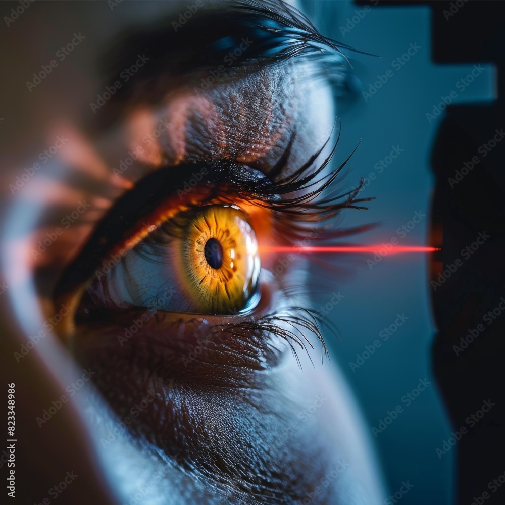 Dramatic close-up of an eye with a red laser cutting across ...