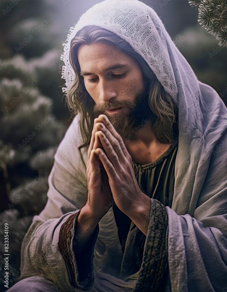 Jesús orando en el huerto de los olivos antes de ser arrestado Stock ...