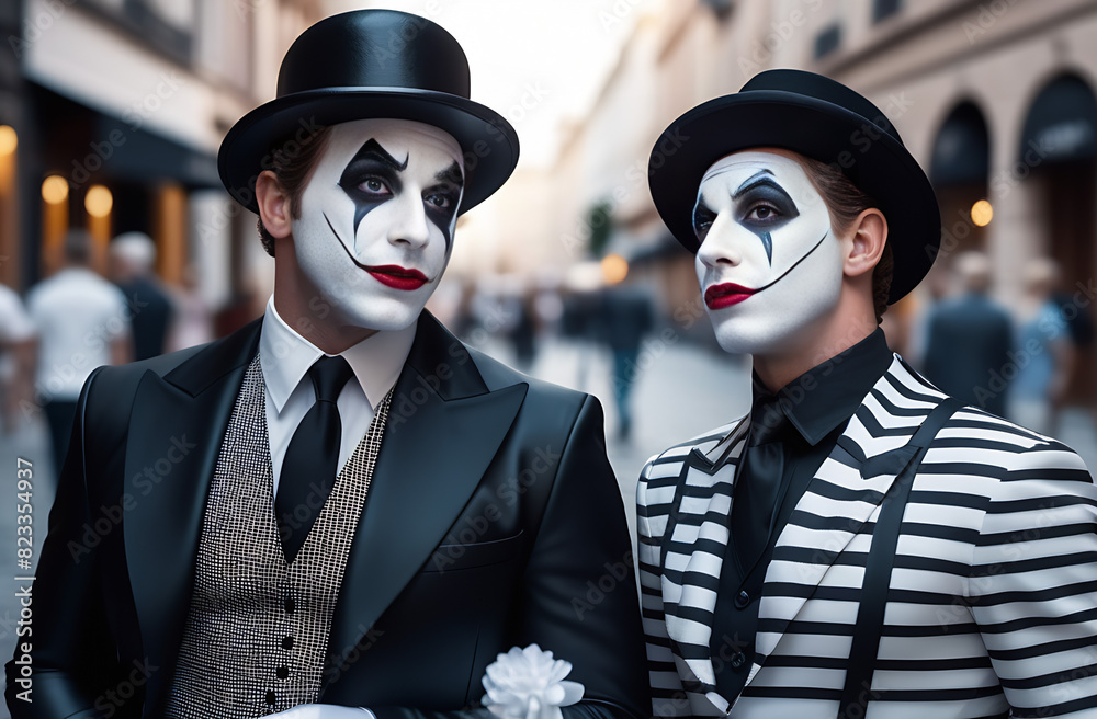 Portrait of men passing by on a city street. Mimes act out a pantomime ...
