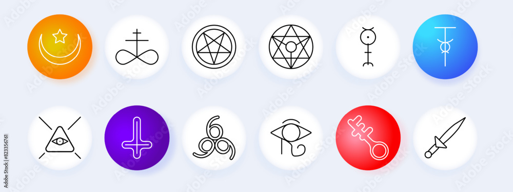 Sect set icon. Pentagram, occultism, Sigil of Baphomet, ritual dagger ...